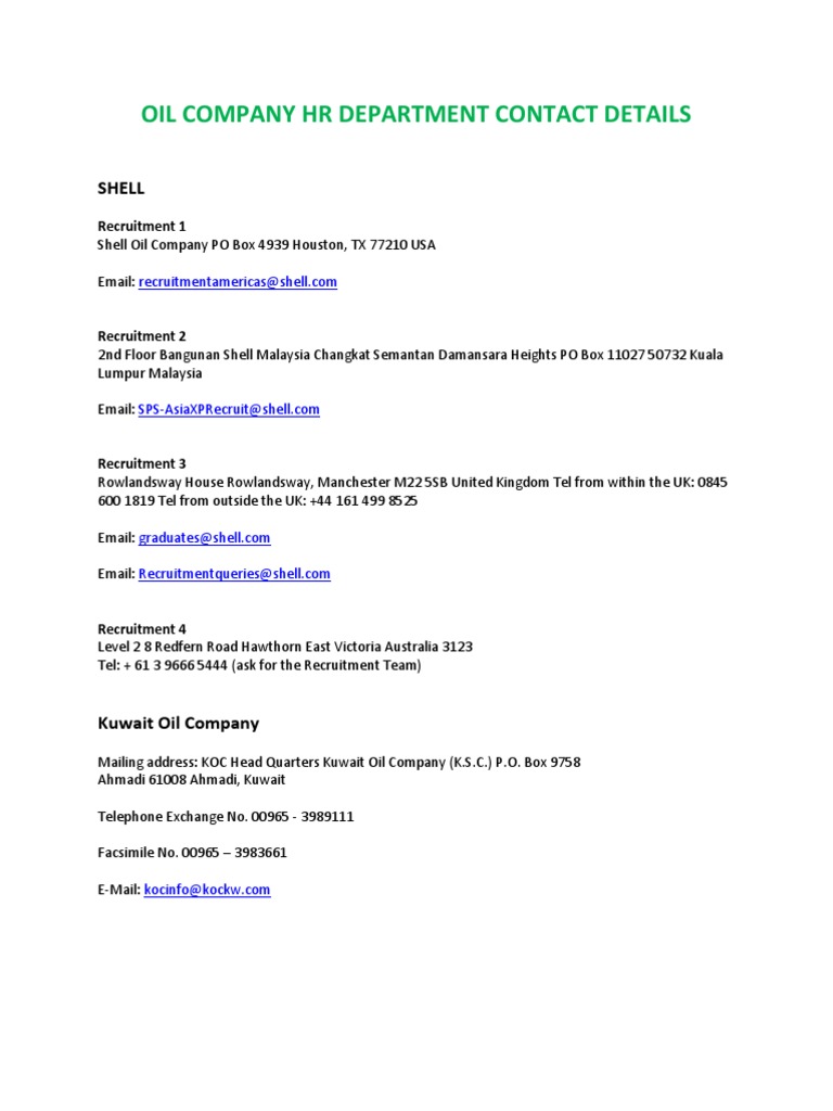 Oil Company HR Contact Information | PDF
