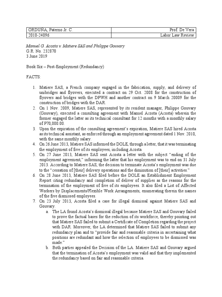 Acosta v. Matiere SAS Digest | PDF | Layoff | Unemployment Benefits