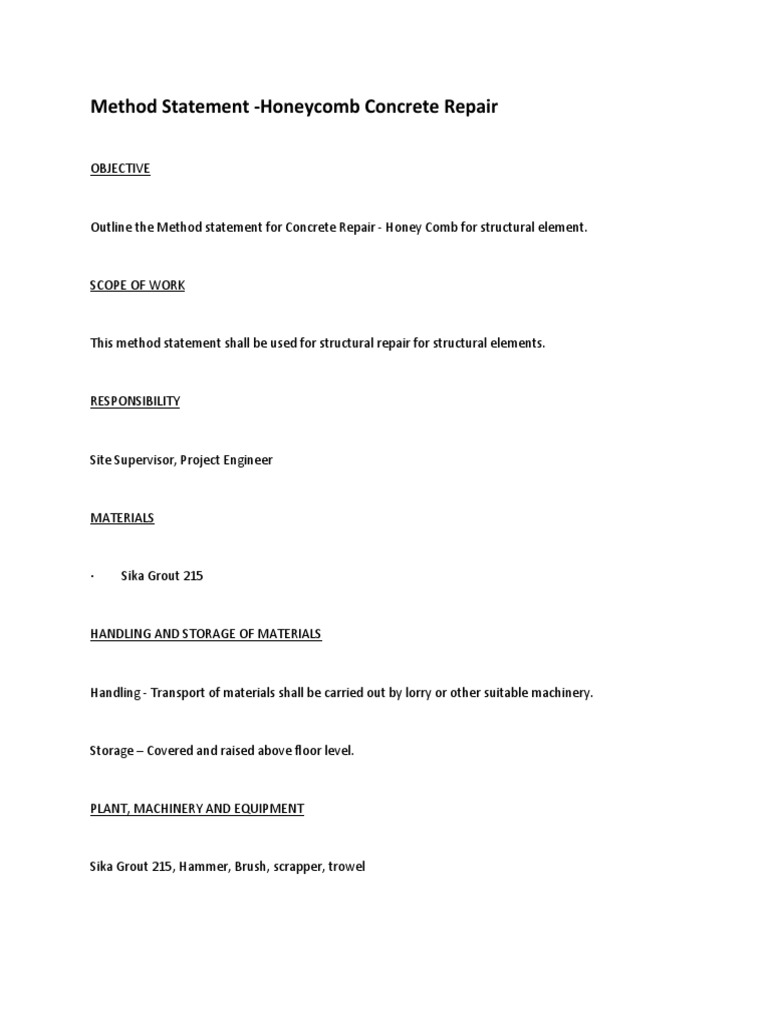 Method Statement Repairing Honey Omb | PDF