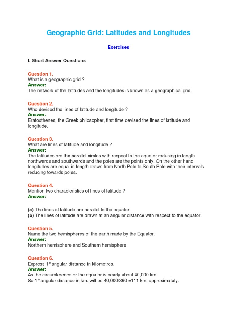 Geographic Grid: Latitudes and Longitudes: I. Short Answer Questions ...
