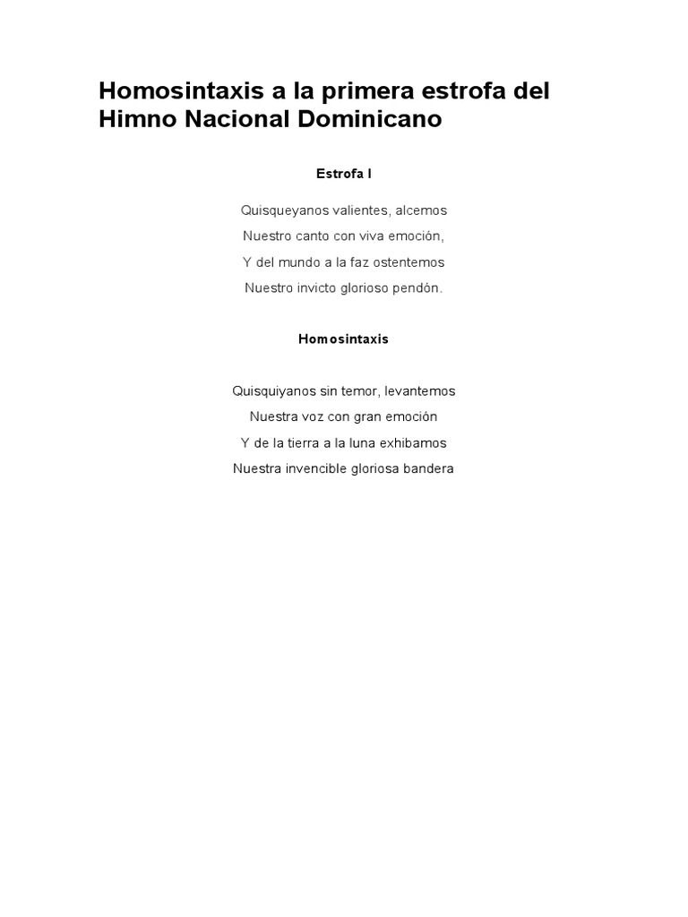 Homosintaxis A La Primera Estrofa Del Himno Nacional Dominicano | PDF