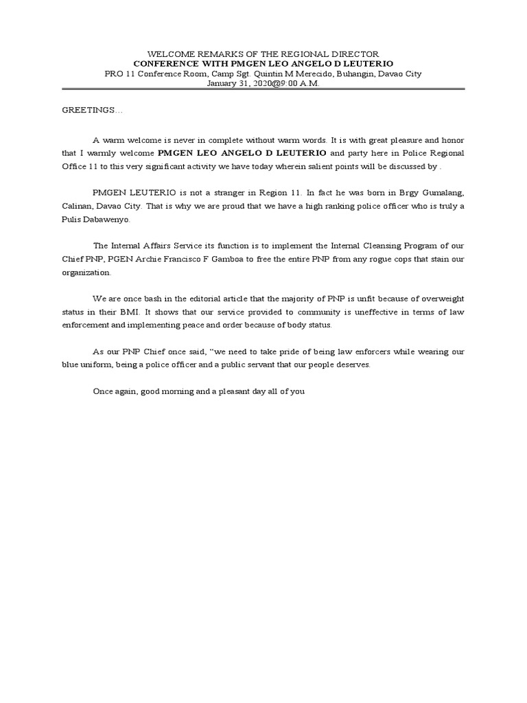 Welcome Remarks of The Regional Director | PDF
