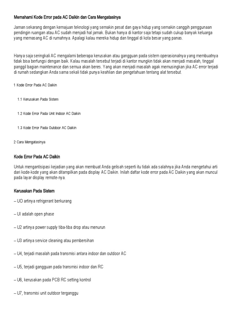 Memahami Kode Error Pada AC Daikin Dan Cara Mengatasinya | PDF ...
