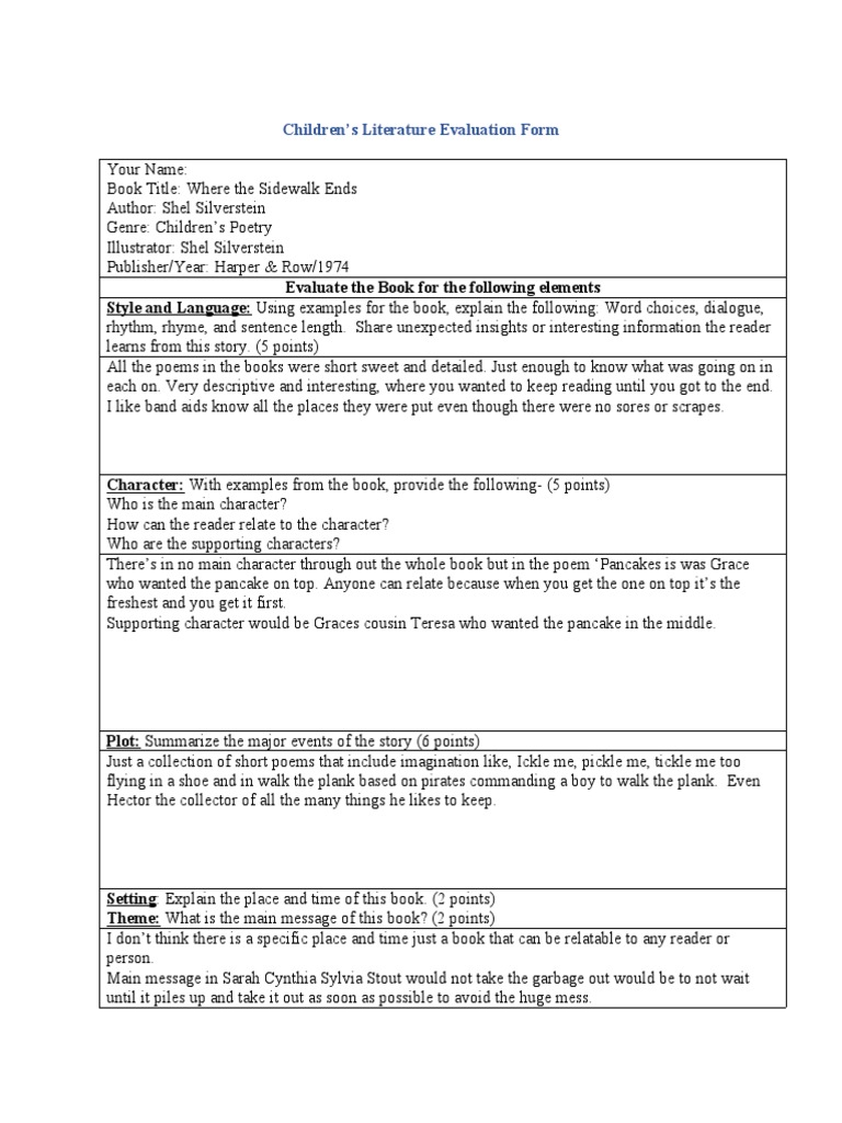 Children's Literature Evaluation Form | PDF | Poetry | Books