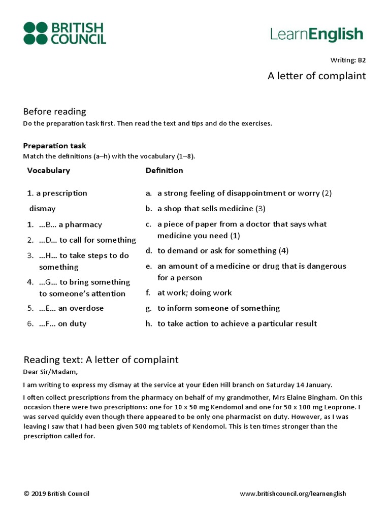 British Council A-Letter-Of-Complaint Practice Handout Week 15 | PDF ...