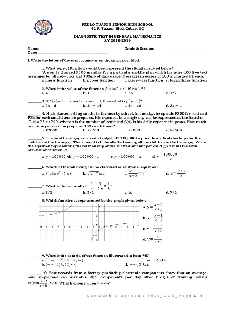 Diagnostic Test General Mathematics | PDF | Stocks | Bonds (Finance)
