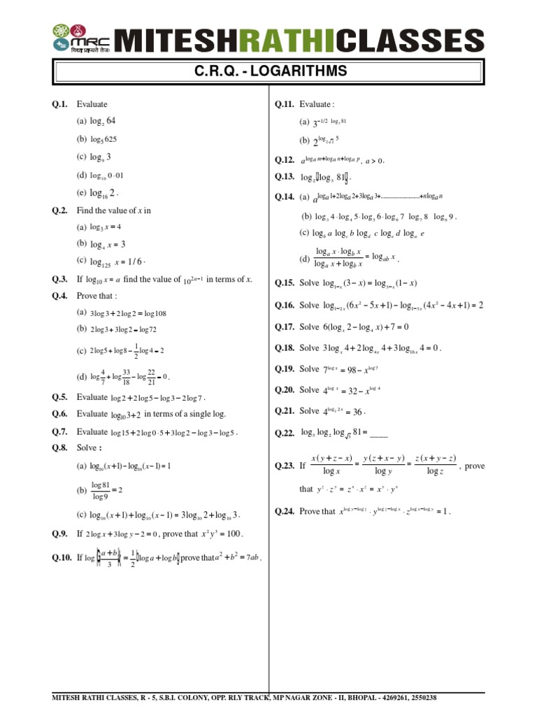 C.R.Q. - Logarithms: F HG I KJ B G | PDF | Logarithm | Combinatorics