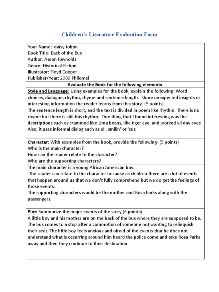 Children Literature Evaluation Form-Historical Fiction | PDF ...