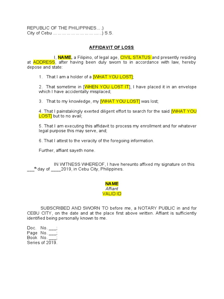 Affidavit of Loss Template | PDF