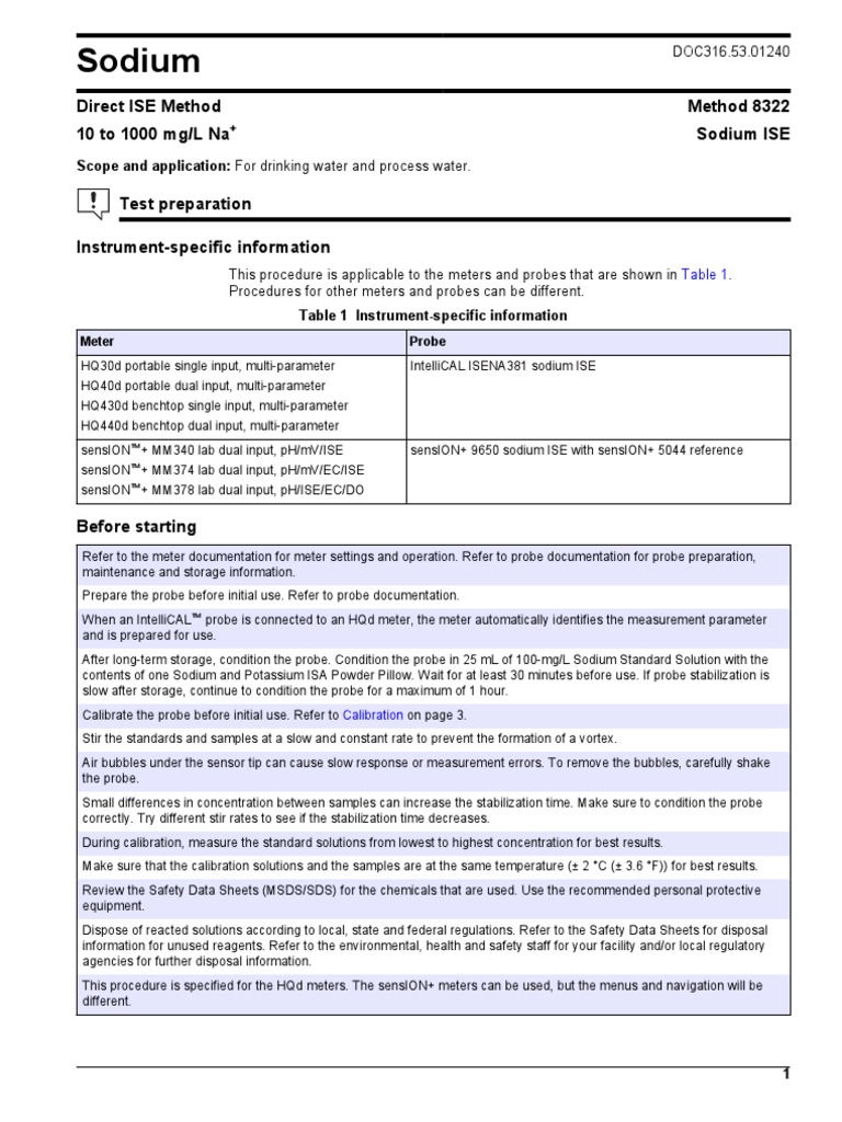 Sodium: Direct ISE Method Method 8322 10 To 1000 MG/L Na Sodium ISE ...