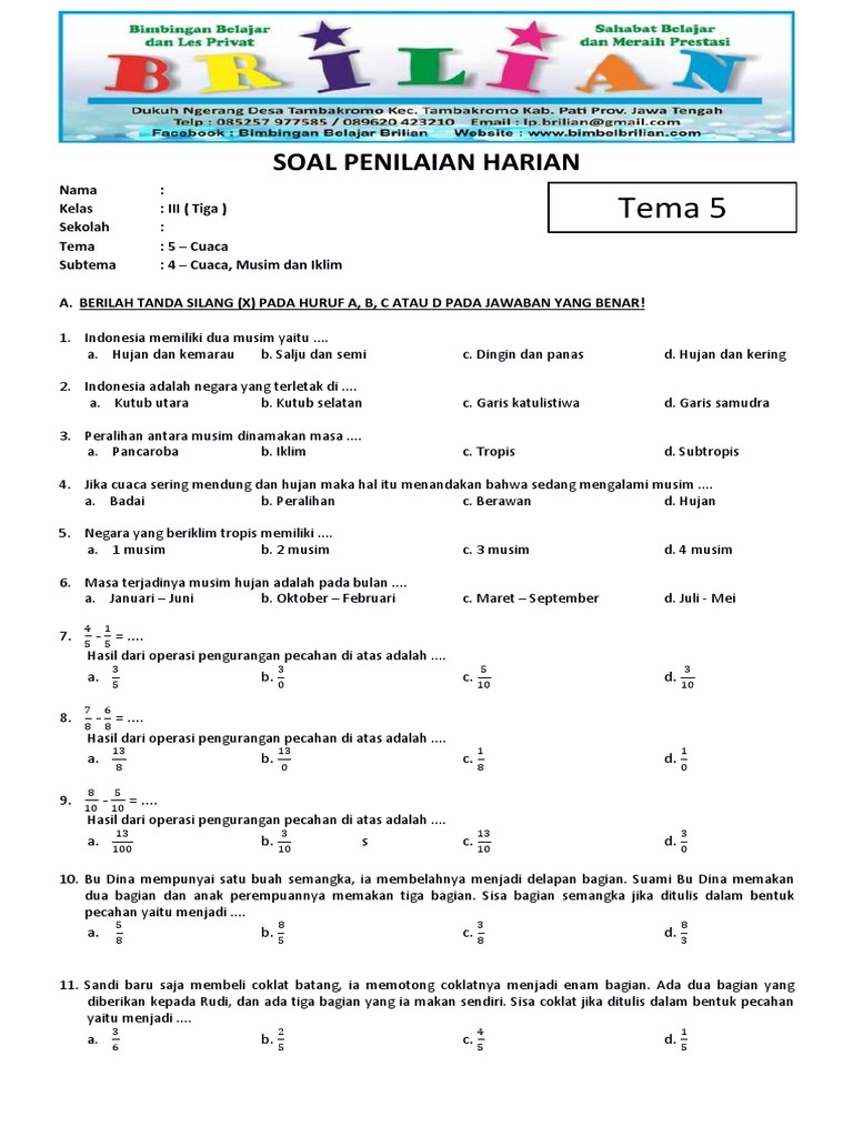Soal Tematik Kelas 3 SD Tema 5 Cuaca Subtema 4 Cuaca, Musim Dan Iklim | PDF