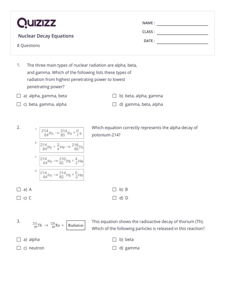 Nuclear Decay Equations - Print - Quizizz | PDF