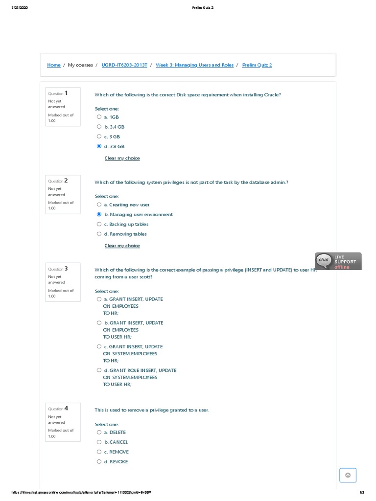 Prelim Quiz 2 | PDF | Oracle Database | Databases