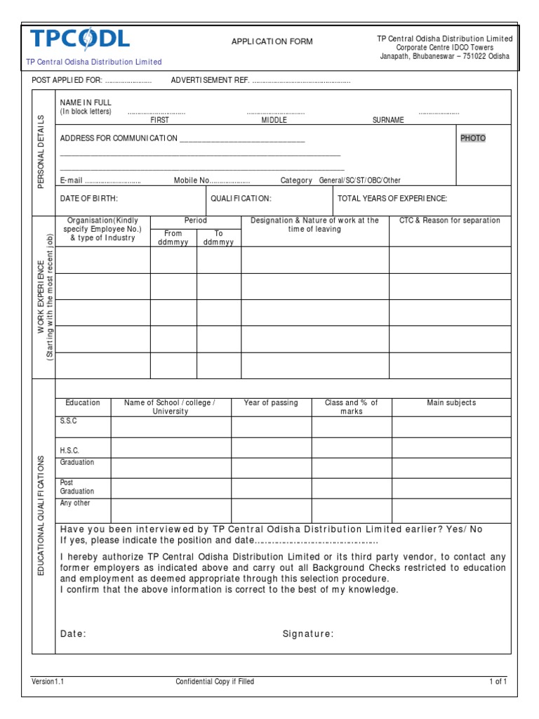 TP Central Odisha Distribution Limited: Application Form | PDF | Business