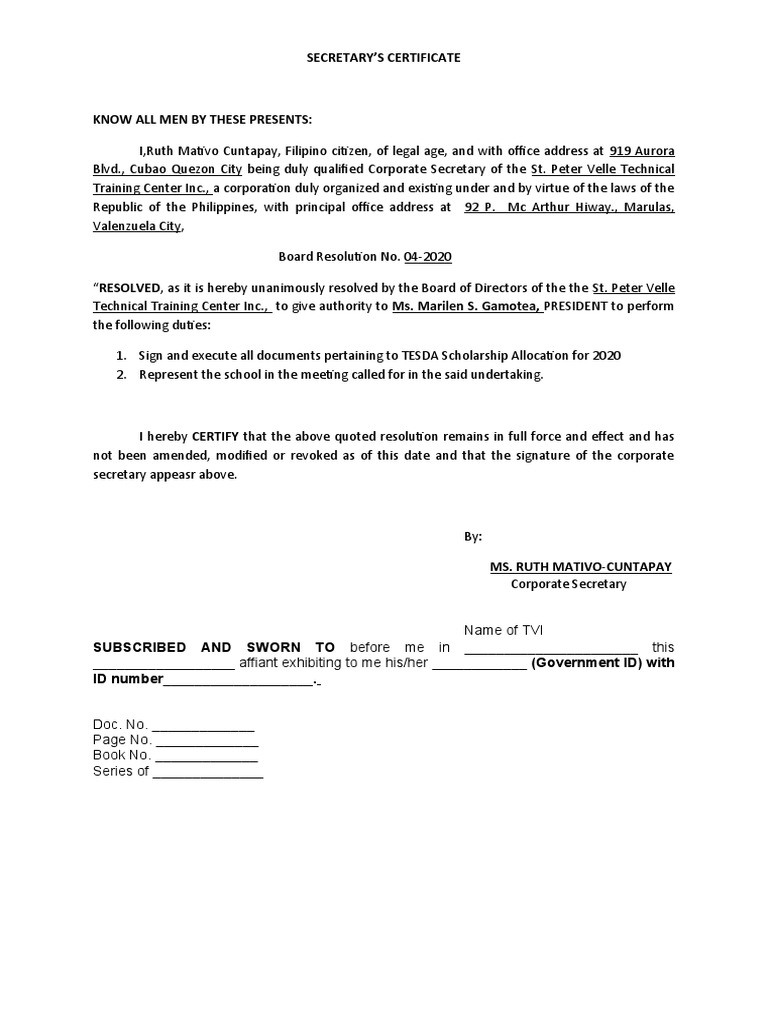 Secretary Certificate | PDF | Social Institutions | Social Science