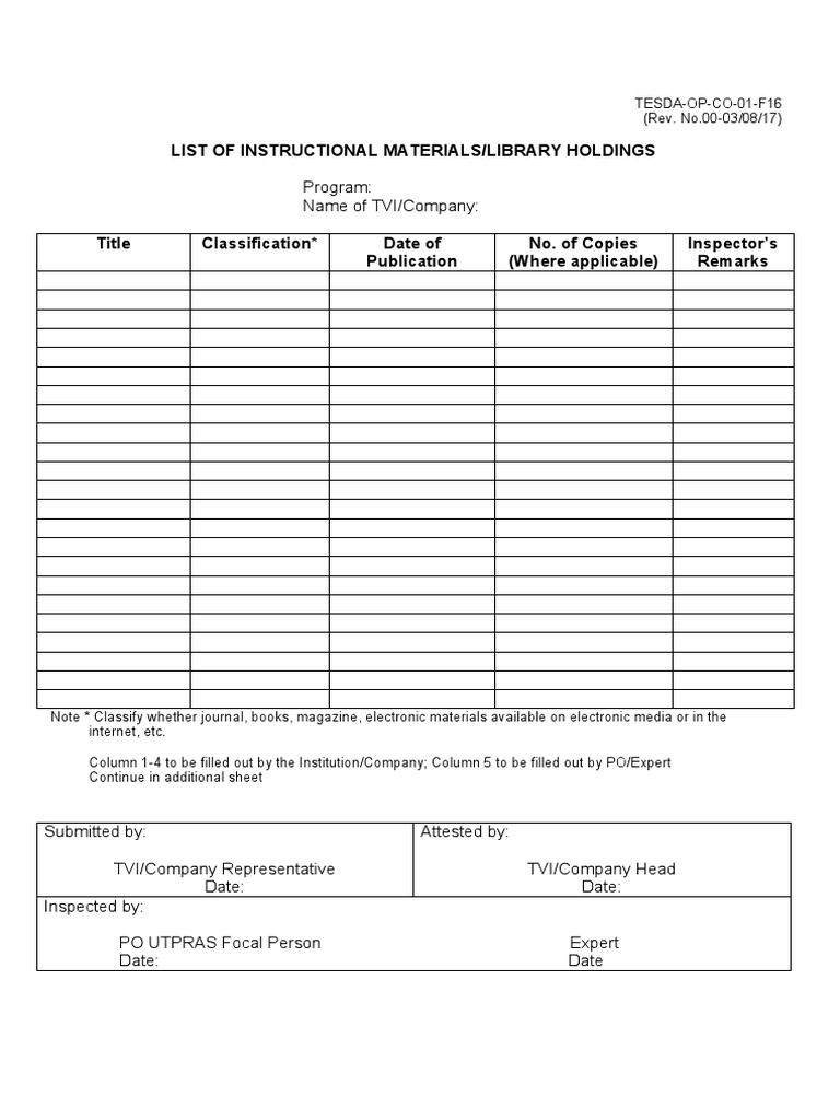 TESDA-OP-CO-01-F16 - List of Instructional Materials & Libtary Holdings ...