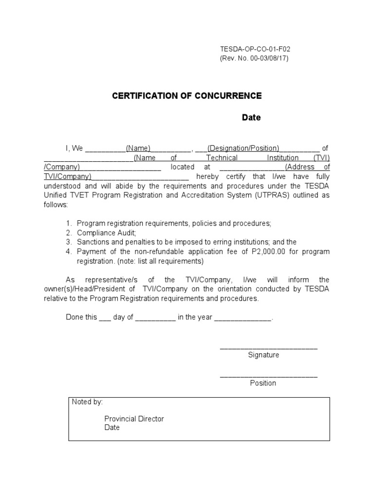 TESDA-OP-CO-01-F02 - Cert of Concurrence | PDF