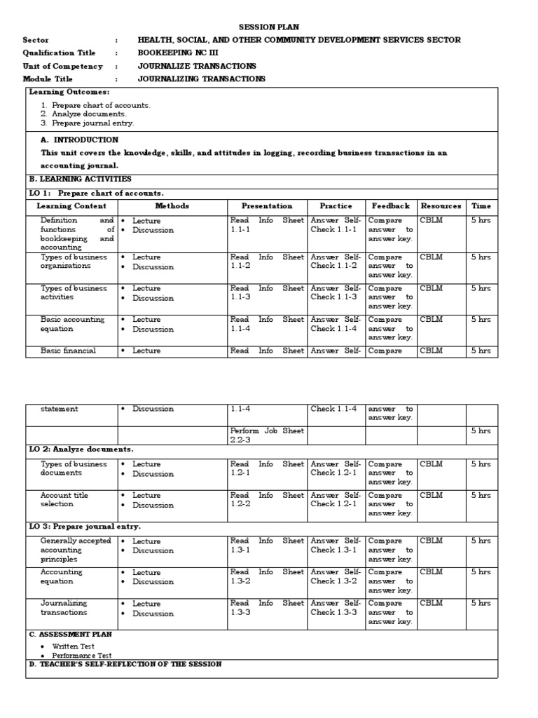 Session Plan | PDF | Bookkeeping | Lecture
