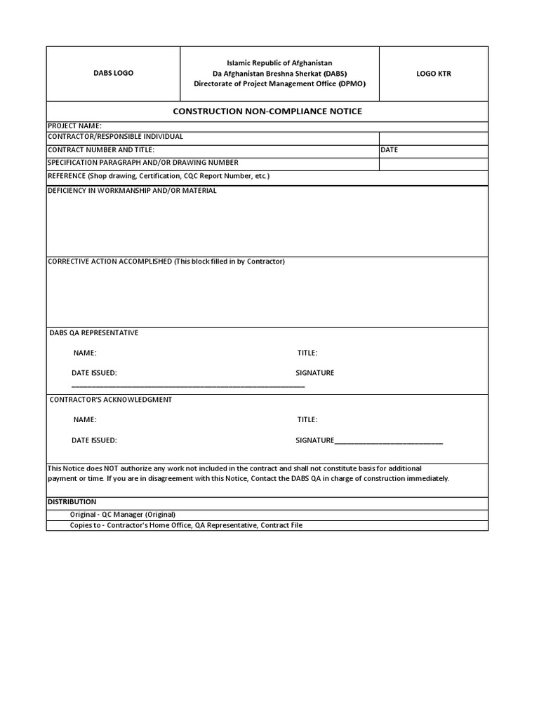 Construction Contract Non-Compliance Notice - Dpmo - Dabs | PDF