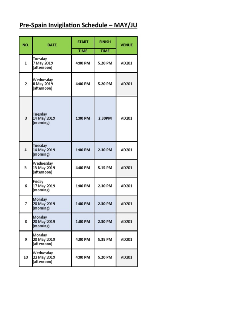 Pre-Spain Invigilation Schedule - MAY/JUNE 2019: NO. Date Start Finish ...