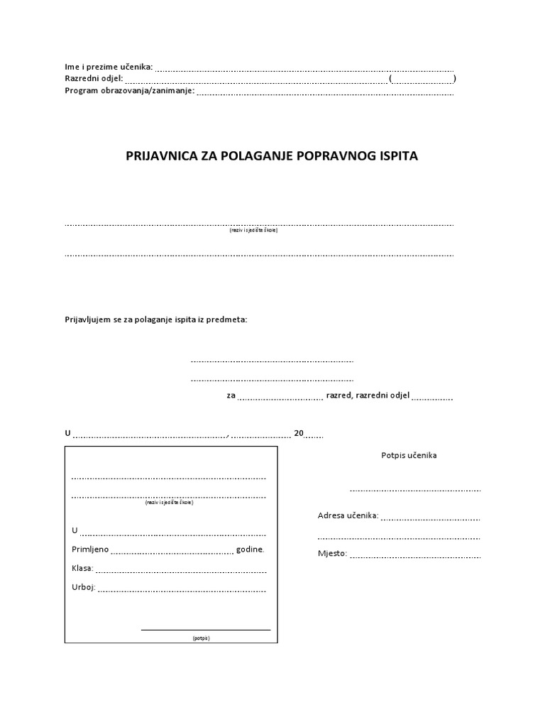 Prijavnica Za Polaganje Popravnog Ispita | PDF Prijavnica Za Polaganje Popravnog Ispita | PDF