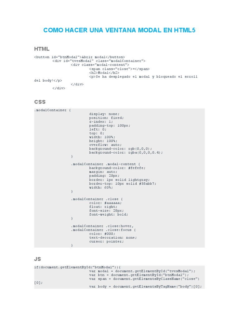 Como Hacer Una Ventana Modal en HTML5 | Descargar gratis PDF ...