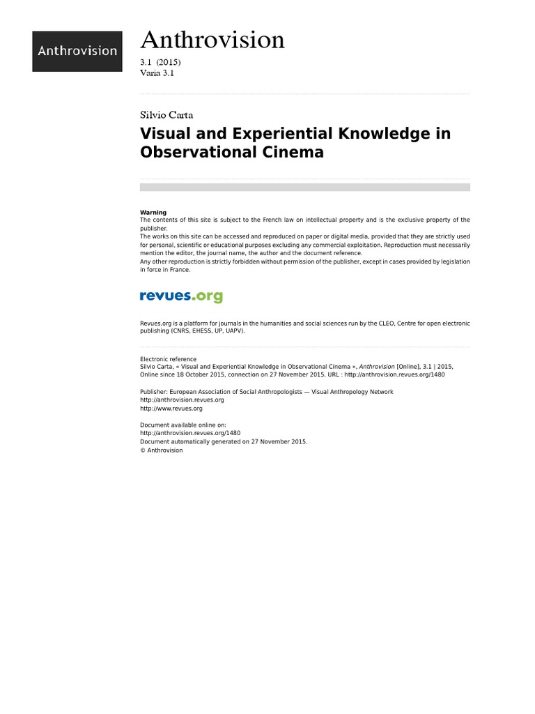 Anthrovision: Visual and Experiential Knowledge in Observational Cinema | PDF | Ethnography ...