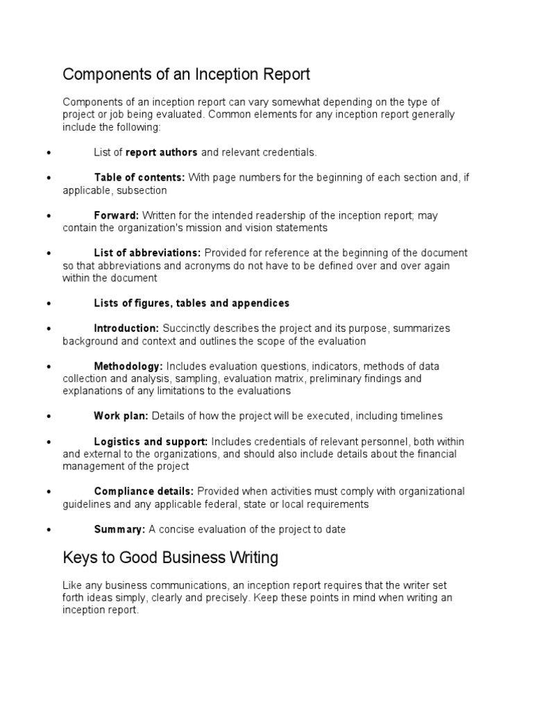 Components of An Inception Report | PDF | Evaluation | Cognition