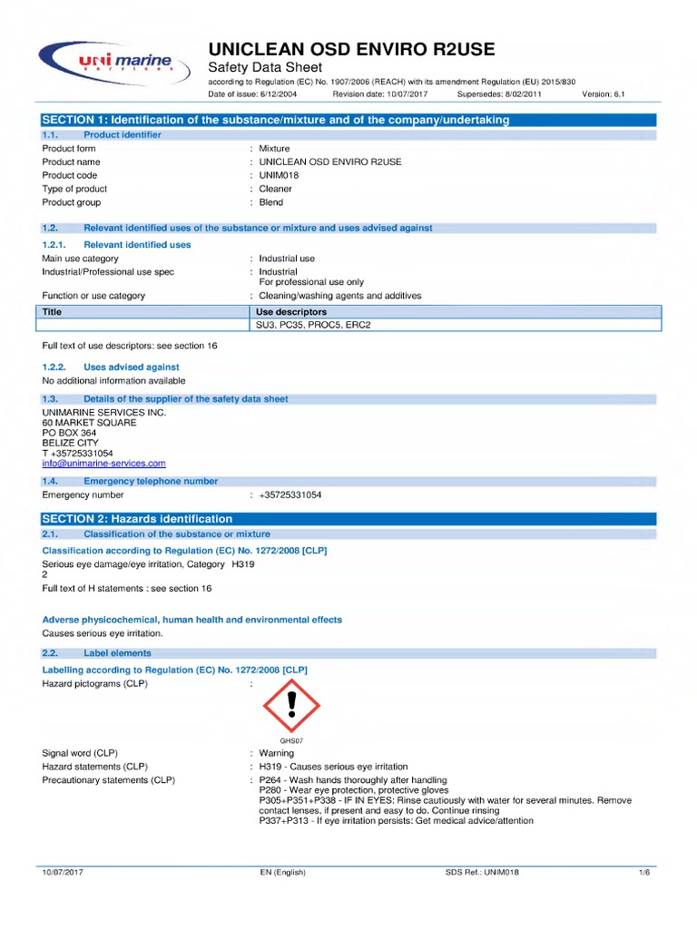 4.2 UNICLEAN OSD ENVIRO R2USE MSDS - C | PDF