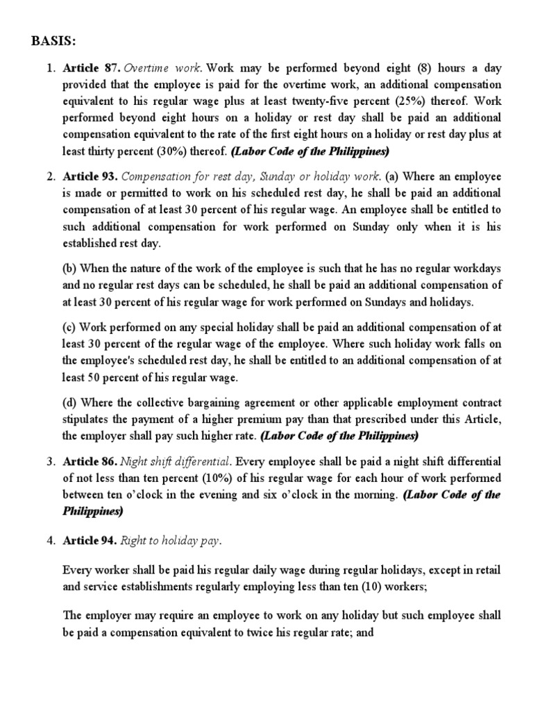 Philippine labor laws on overtime pay, night shift differential ...