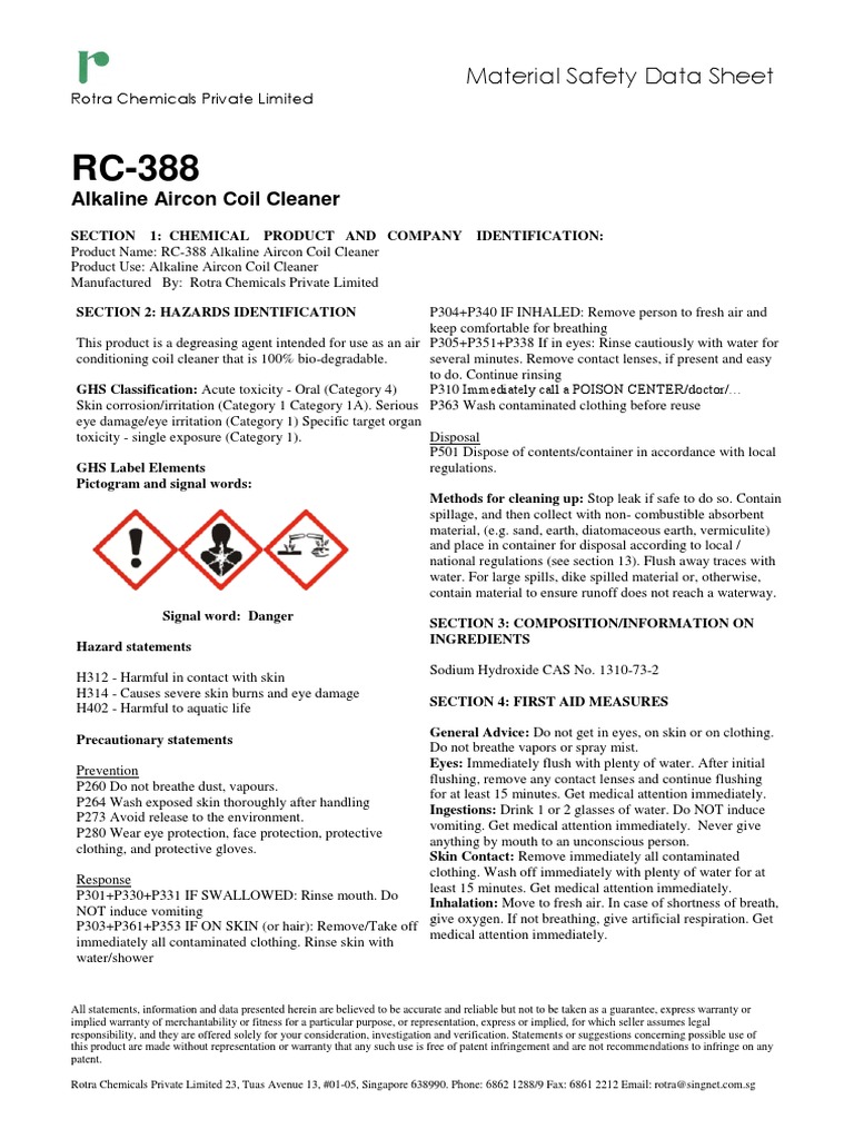 Alkaline Aircon Coil Cleaner: Material Safety Data Sheet | PDF ...