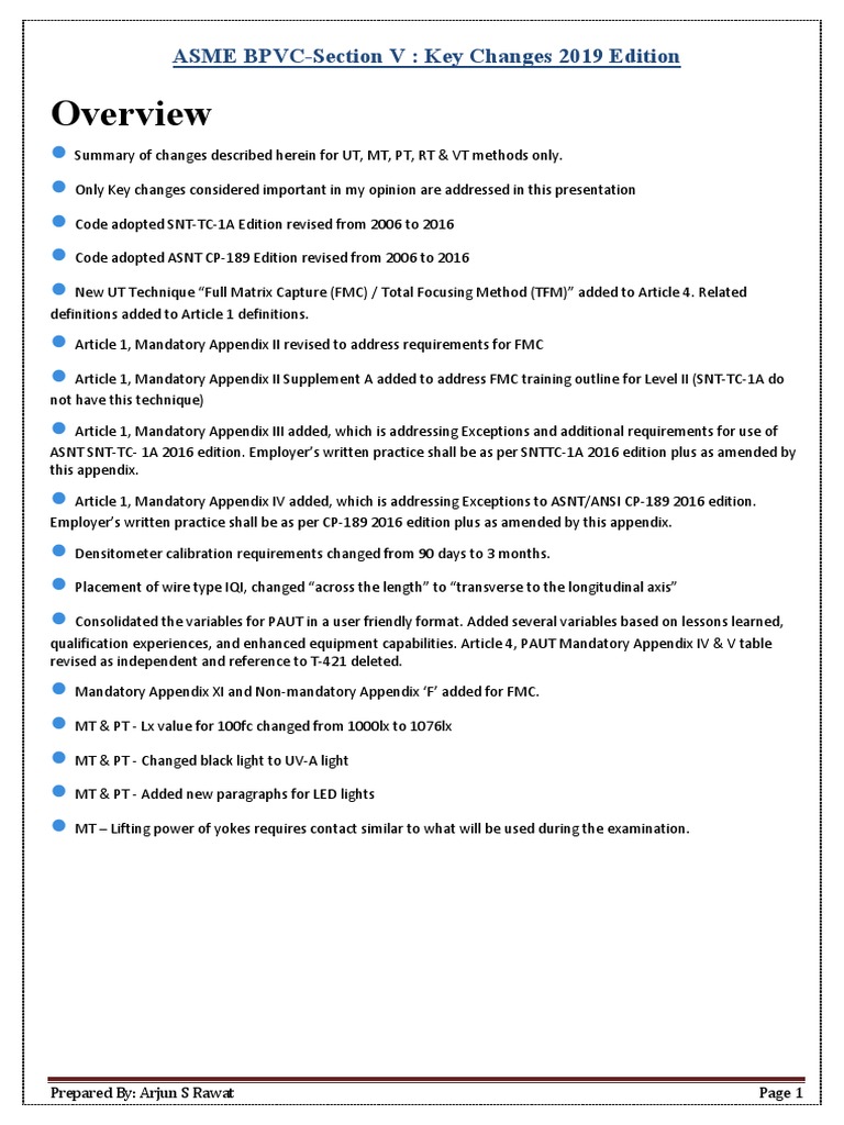 ASME Sec V-Summary of Changes 2019 | PDF | Ultraviolet | Nondestructive ...