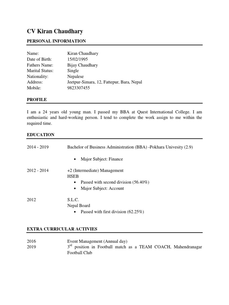 CV Kiran Chaudhary: Personal Information | PDF