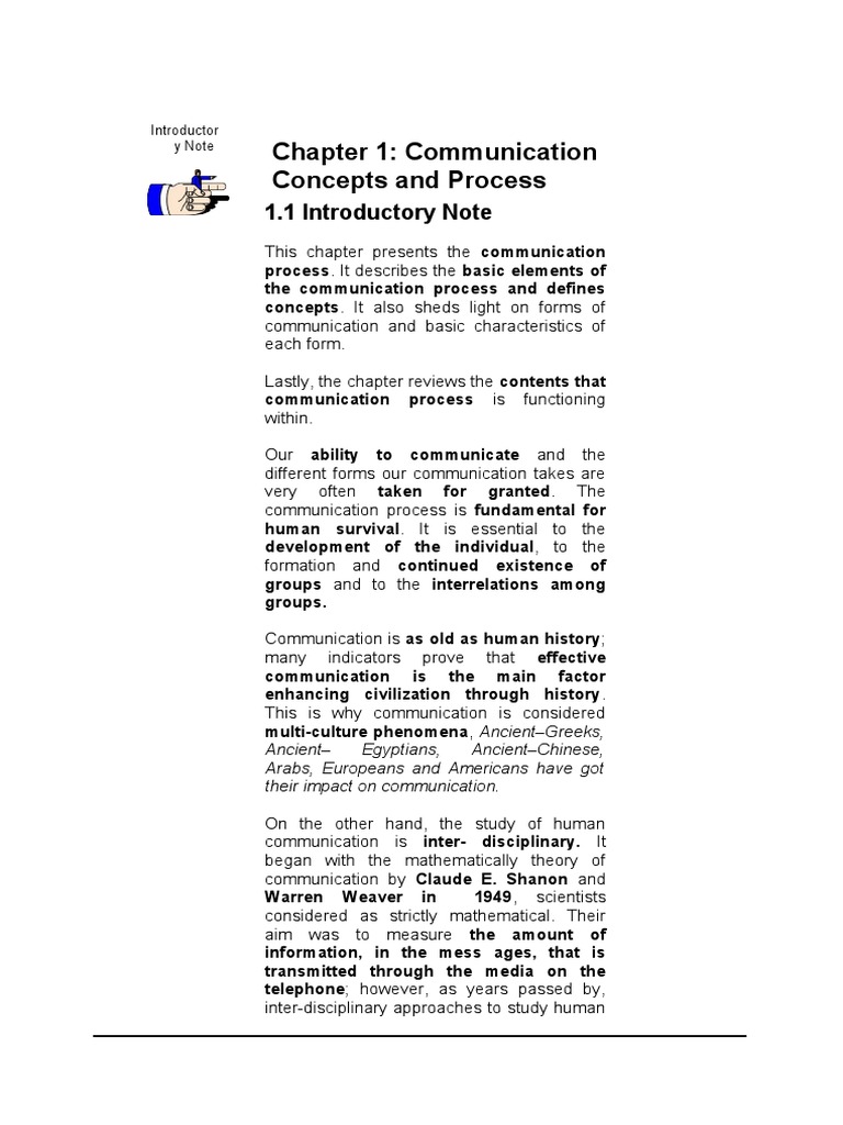 Chapter 1: Communication Concepts and Process: 1.1 Introductory Note ...