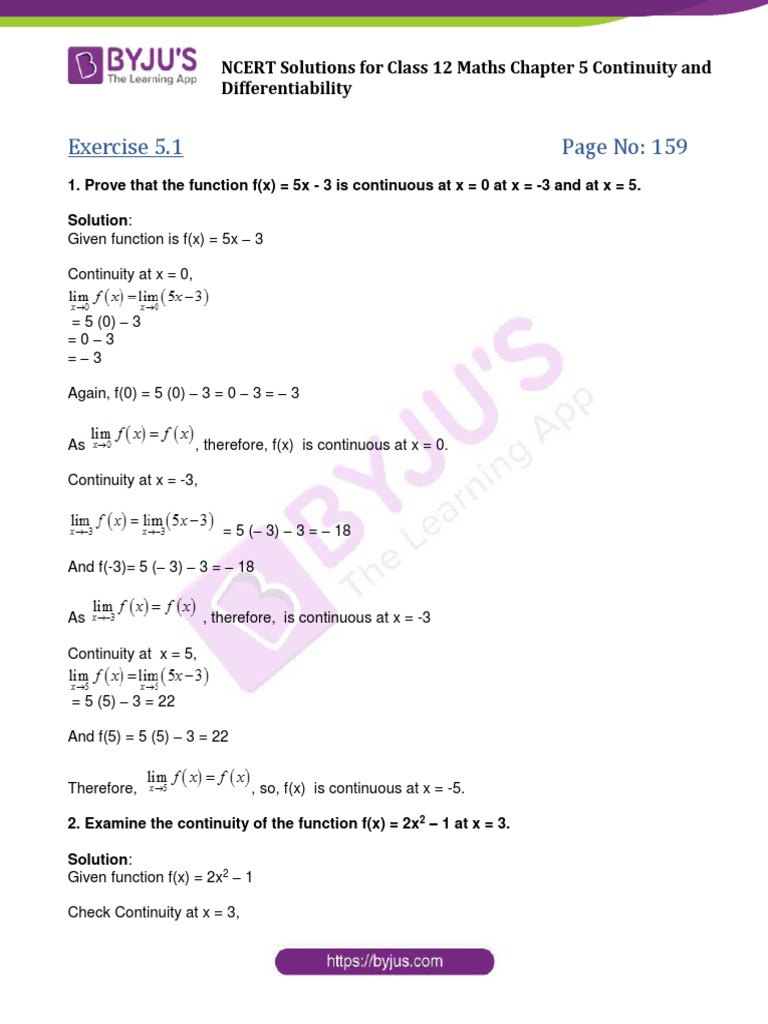 NCERT Solutions For Class 12 Maths Chapter 5 Continuity and Differentiability | PDF | Derivative ...