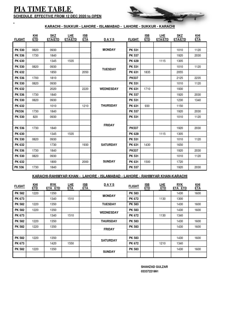 Pia Time Table From 20 Jan 2020 To Open | PDF