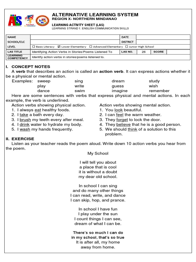 LAS No. 26 Identifying Action Verbs in Stories Poems Listened To LE de ...