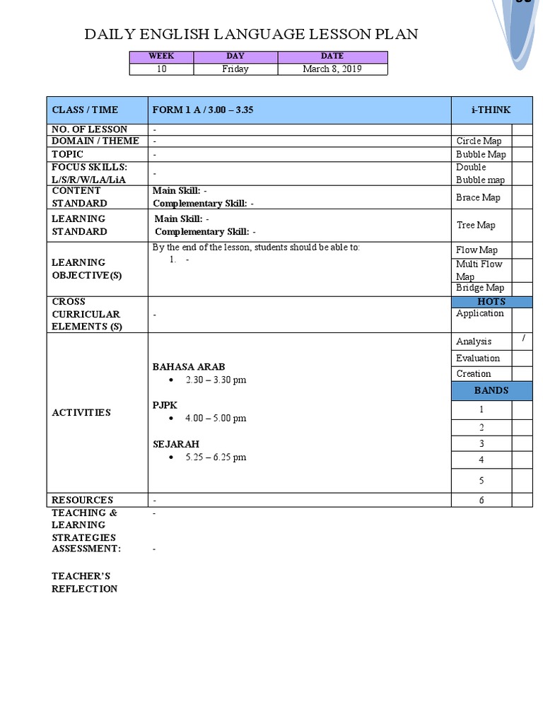 Daily English Language Lesson Plan: Week DAY Date | PDF