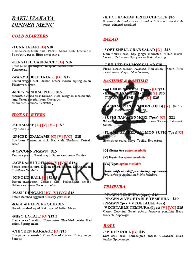 Raku Izakaya Dinner Menu | PDF | Sushi | Foods