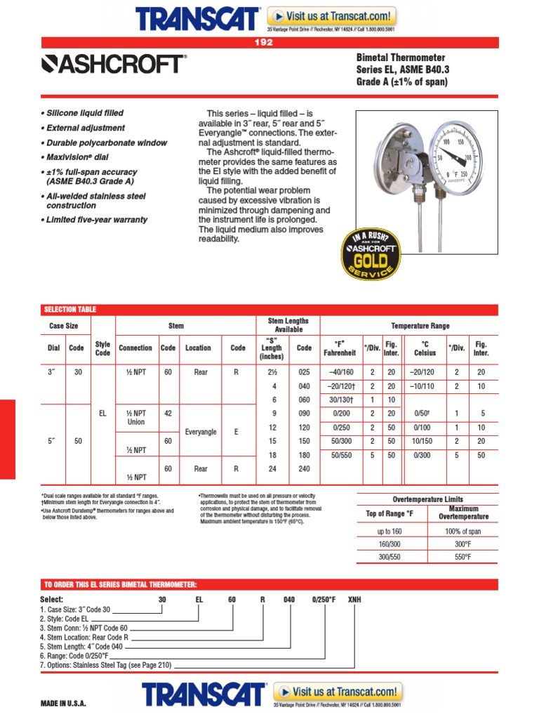 Bimetal Thermometer Series EL, ASME B40.3 Grade A ( 1% of Span ...