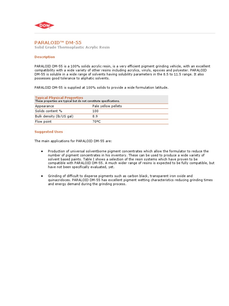 Paraloid™ Dm-55: Solid Grade Thermoplastic Acrylic Resin | PDF | Paint ...