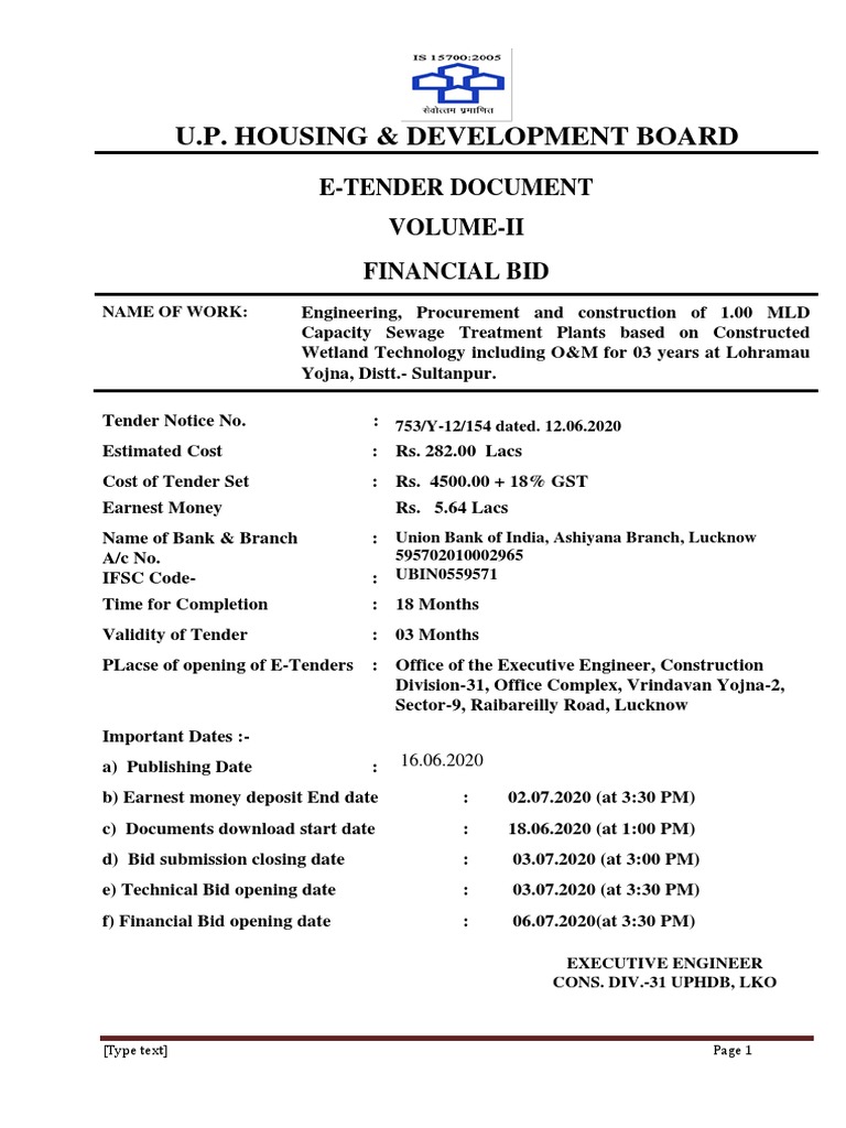 U.P. Housing & Development Board: E-Tender Document Volume-Ii Financial ...