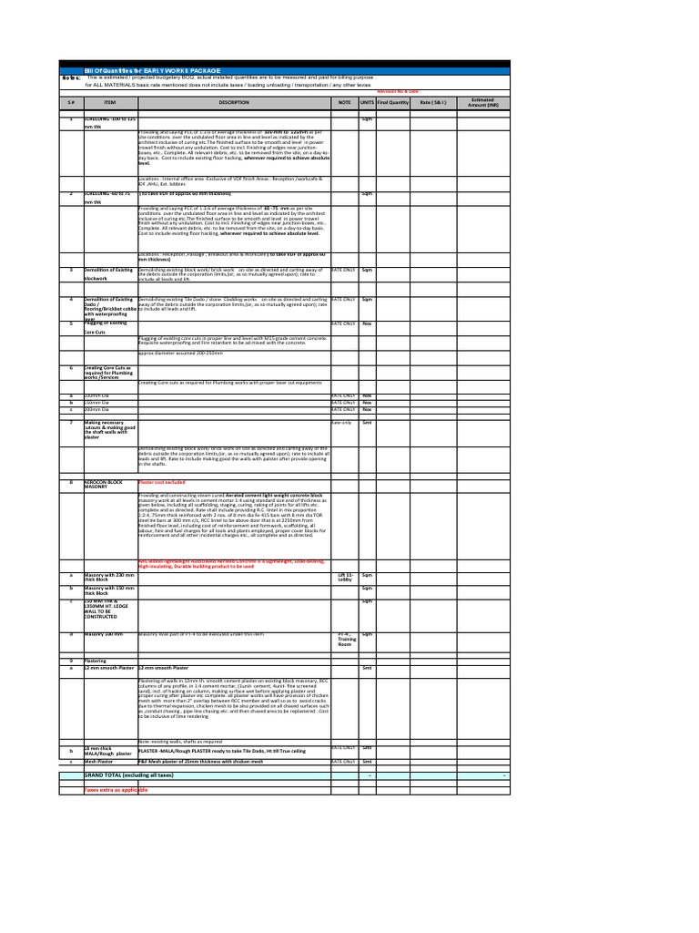 EARLY WORKS - Civil & Preliminary BOQ | PDF | Masonry | Plaster