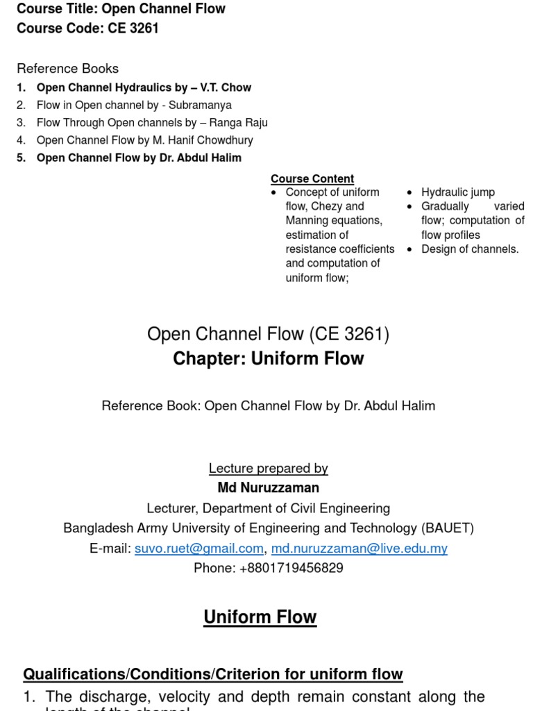 Reference Books: 1. Open Channel Hydraulics by - V.T. Chow | PDF ...