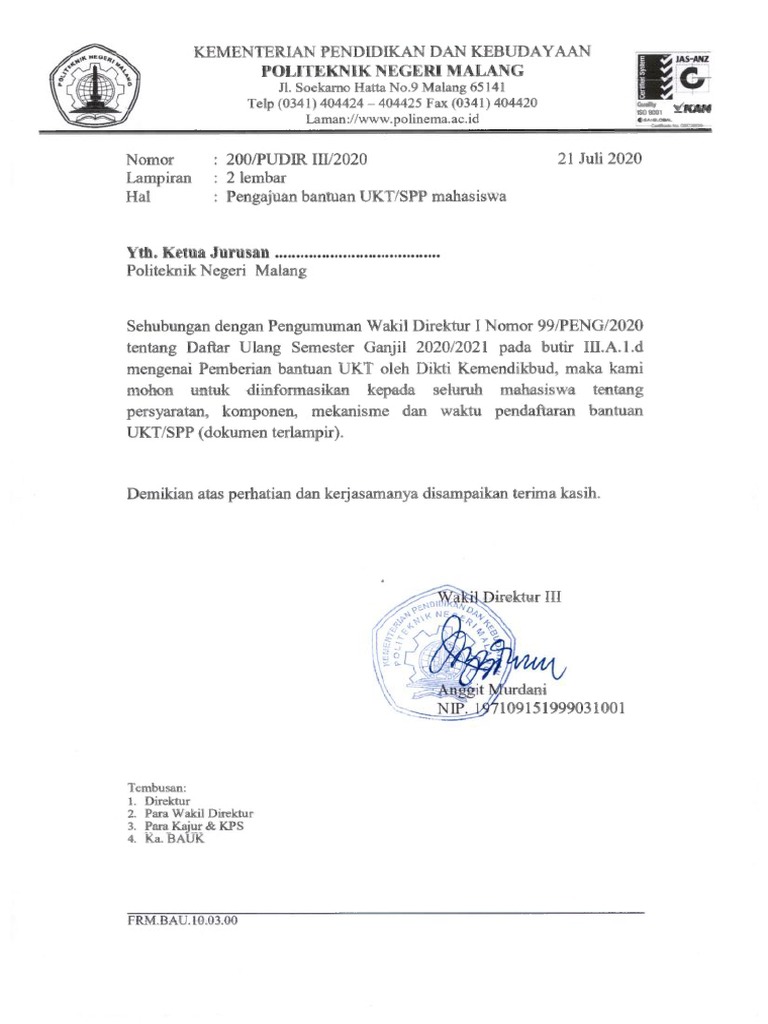 Surat Kajur Bantuan UKT-SPP 2020 | PDF