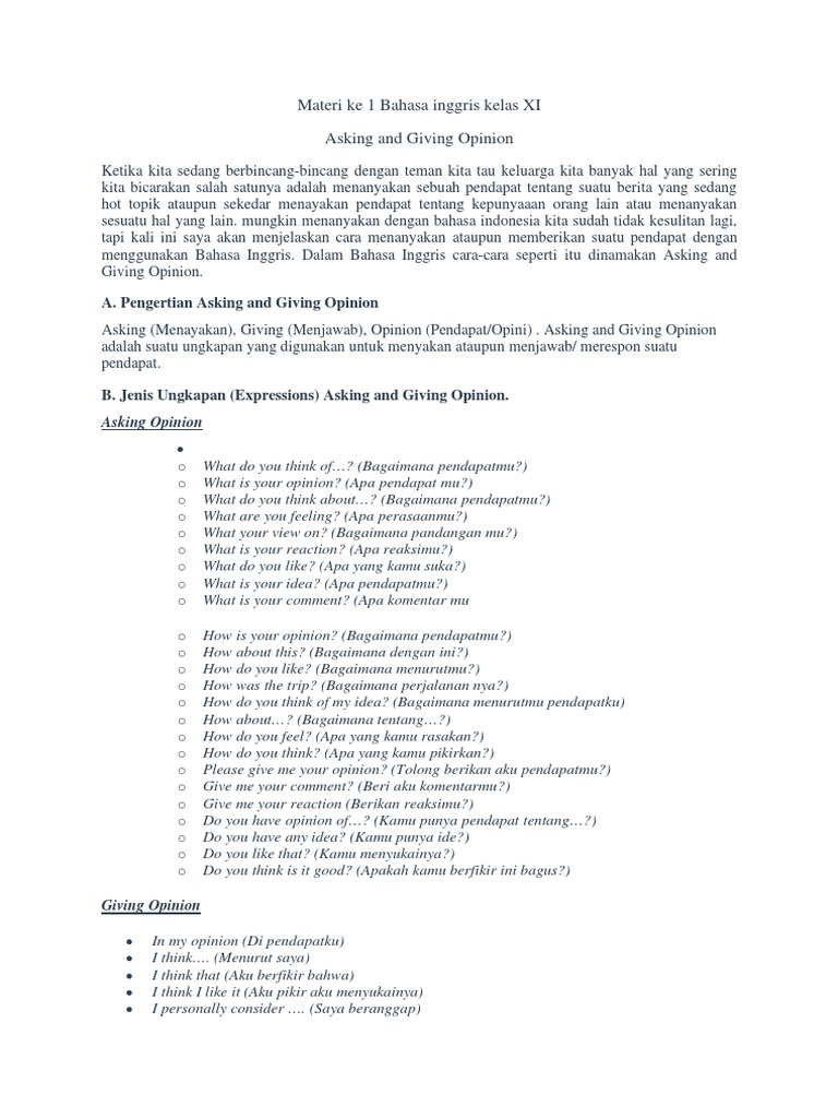 Materi Asking Dan Giving Opinion Kelas 11 Pdf