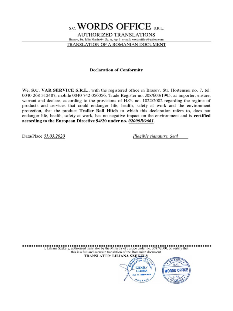 Decl. Conformitate Carlig A8 - Eng PDF | PDF