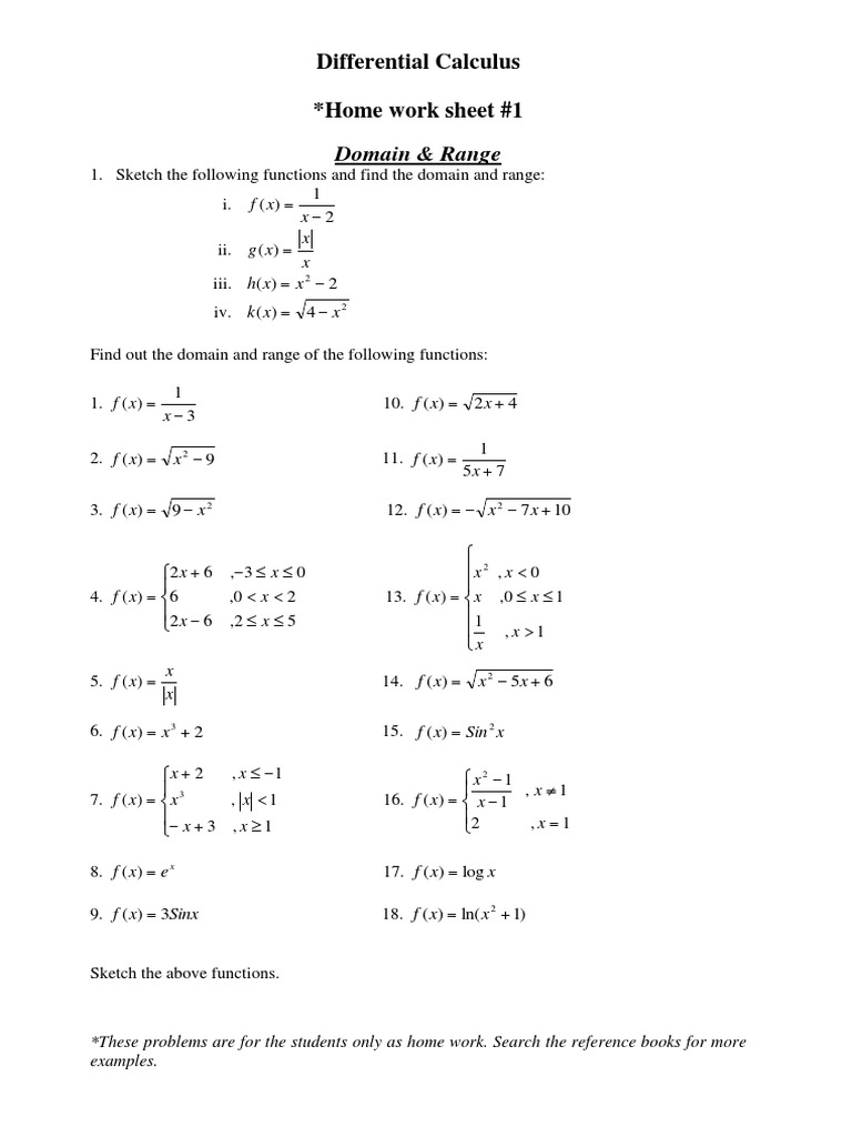 Domain & Range: Differential Calculus Home Work Sheet #1 | PDF | Maxima ...