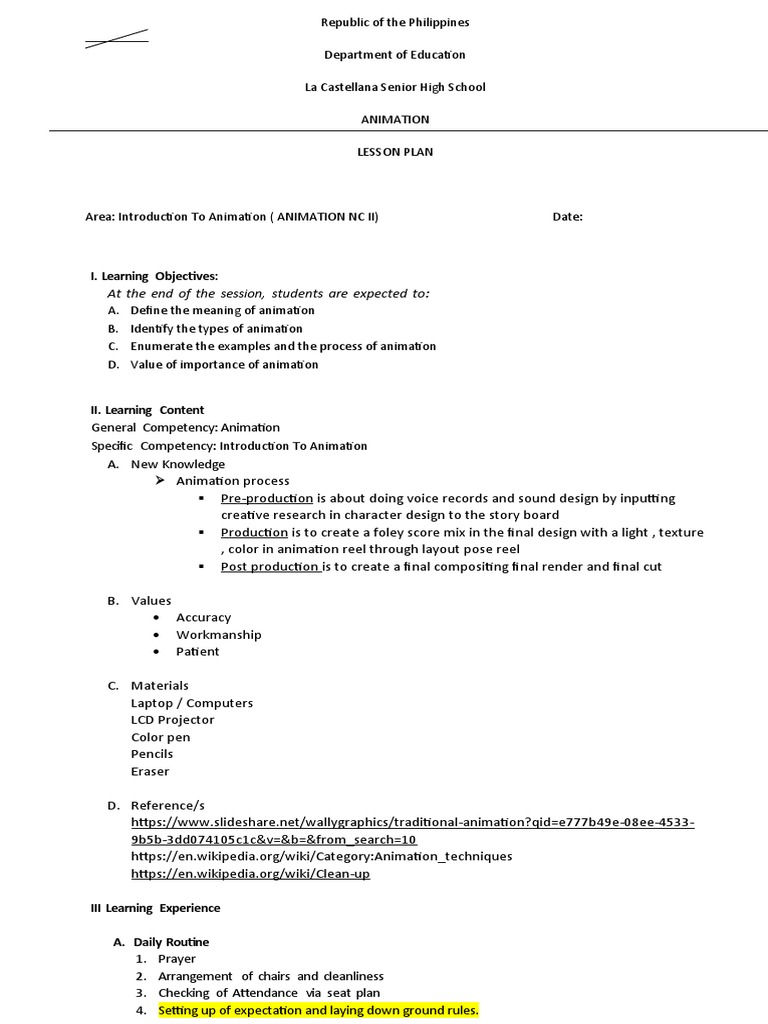 Lesson Plan For Introduction Animation | PDF | Computer Animation ...