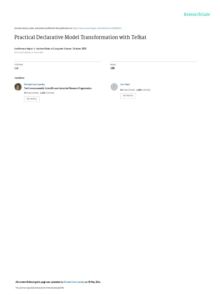 Practical Declarative Model Transformation With Tefkat Lecture Notes In Computer Science